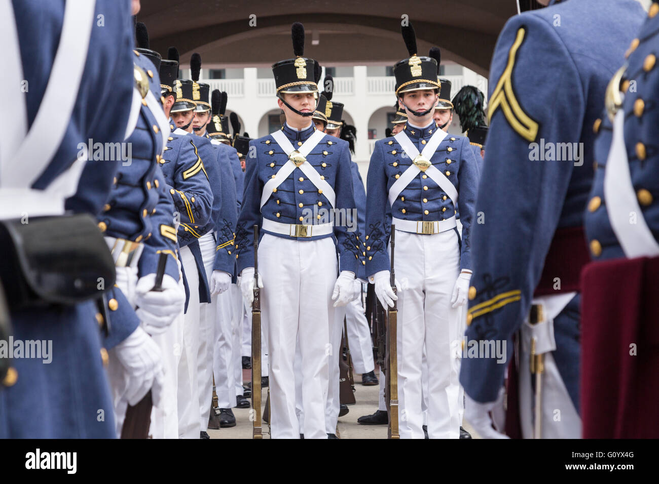 Graduating senior cadets in formal dress uniform prepare for the Long ...