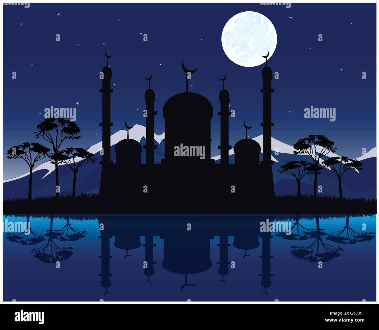 Vector illustration to mosques moon in the night beside yard Stock ...
