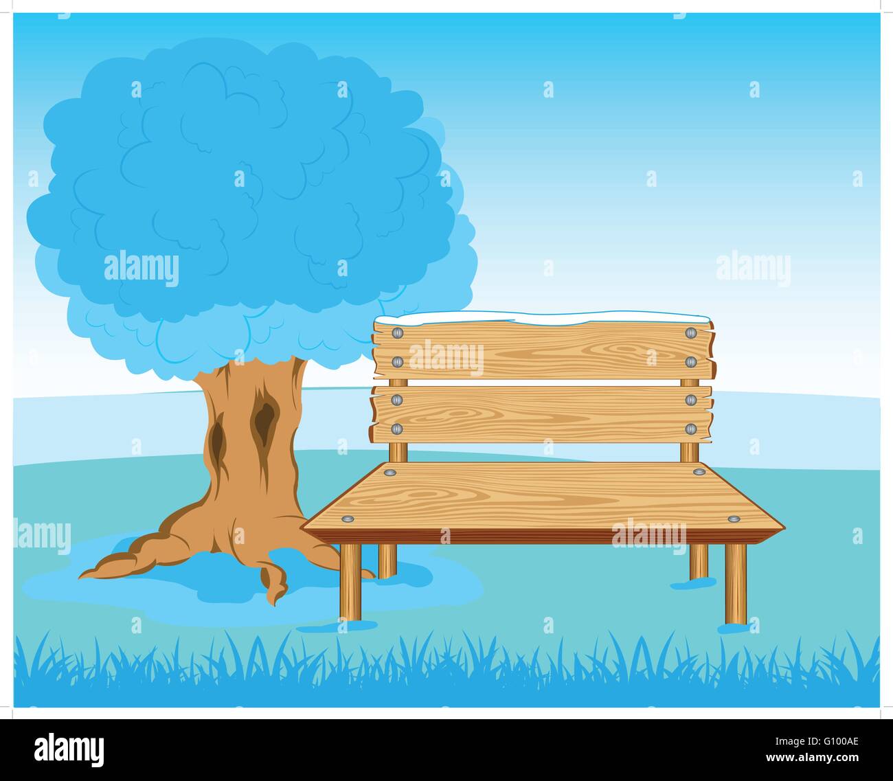 Vector illustration of the bench from tree in park in winter Stock ...