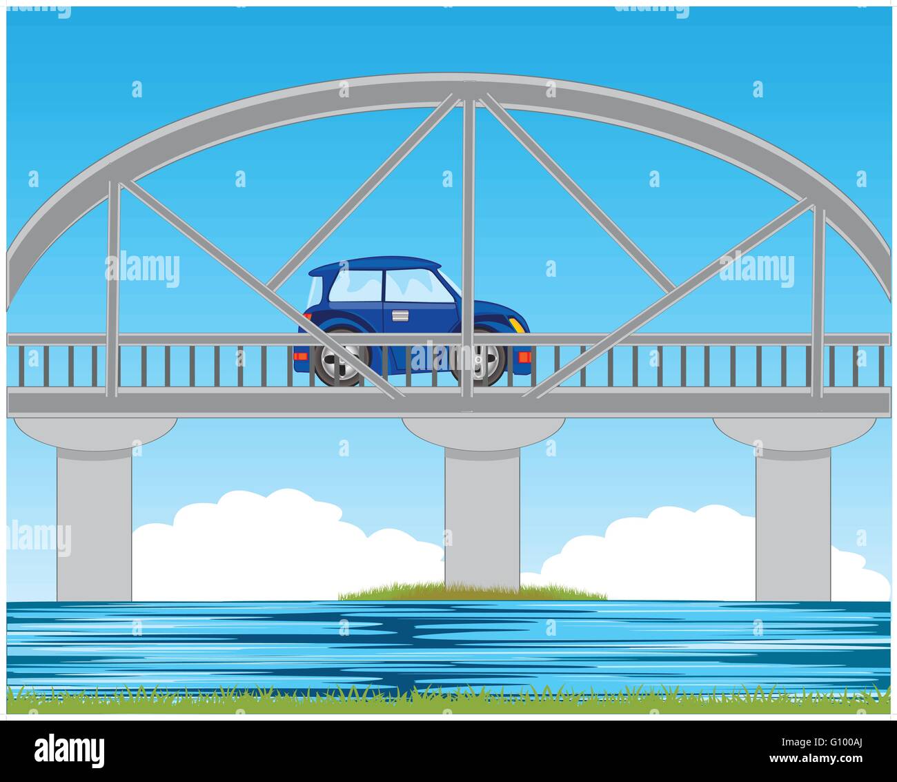 Bridge through river and blue car on him Stock Vector Image & Art - Alamy