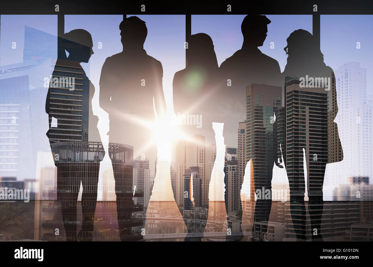 people silhouettes over city background Stock Photo - Alamy