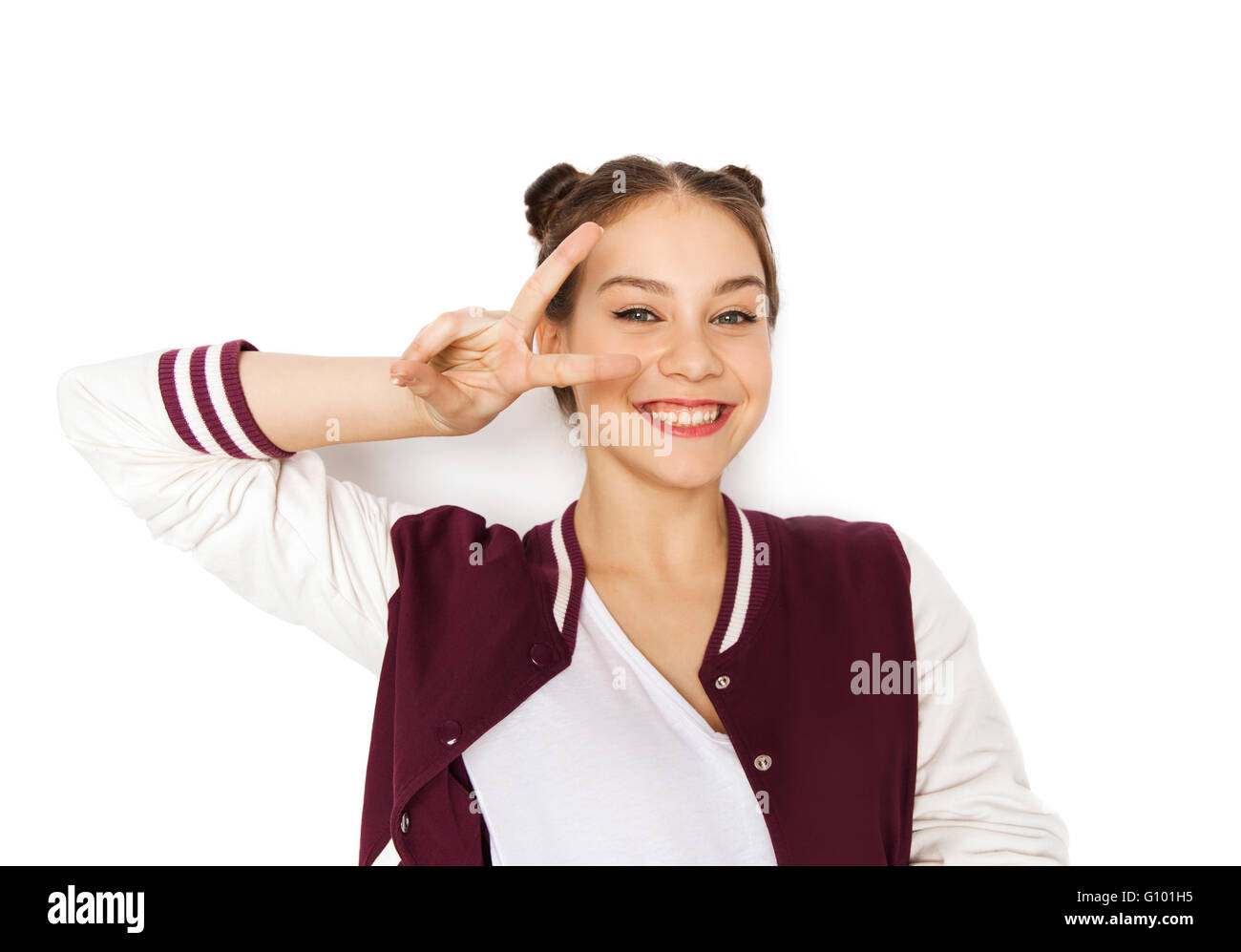 happy smiling teenage girl showing peace sign Stock Photo - Alamy
