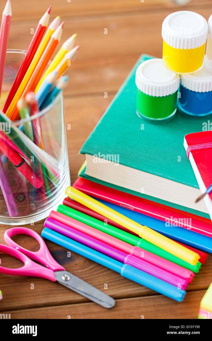 close up of stationery or school supplies on table Stock Photo - Alamy