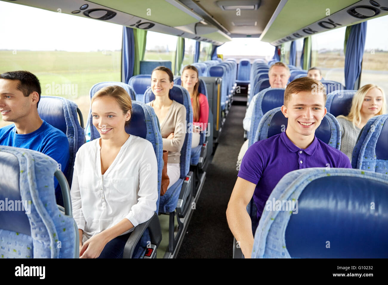 group of happy passengers in travel bus Stock Photo - Alamy