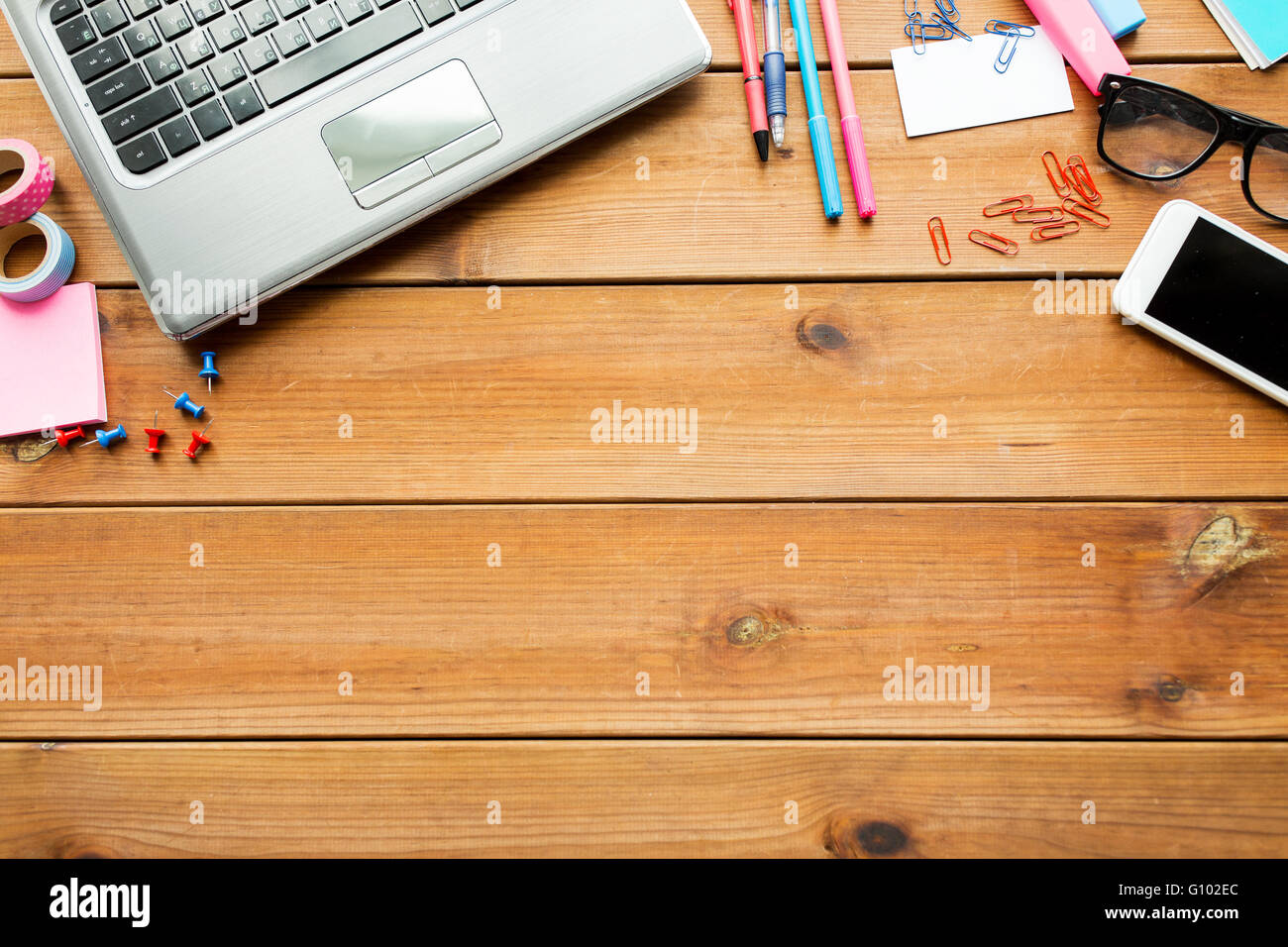 close up of stationery or school supplies on table Stock Photo - Alamy