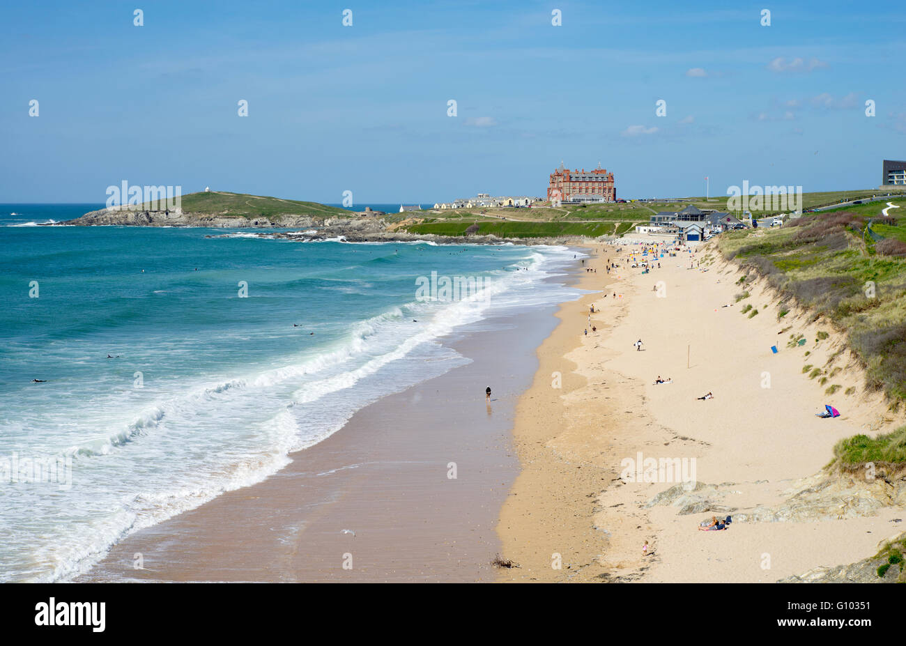 Fistral beach shoreline in Newquay near high tide, Cornwall England ...