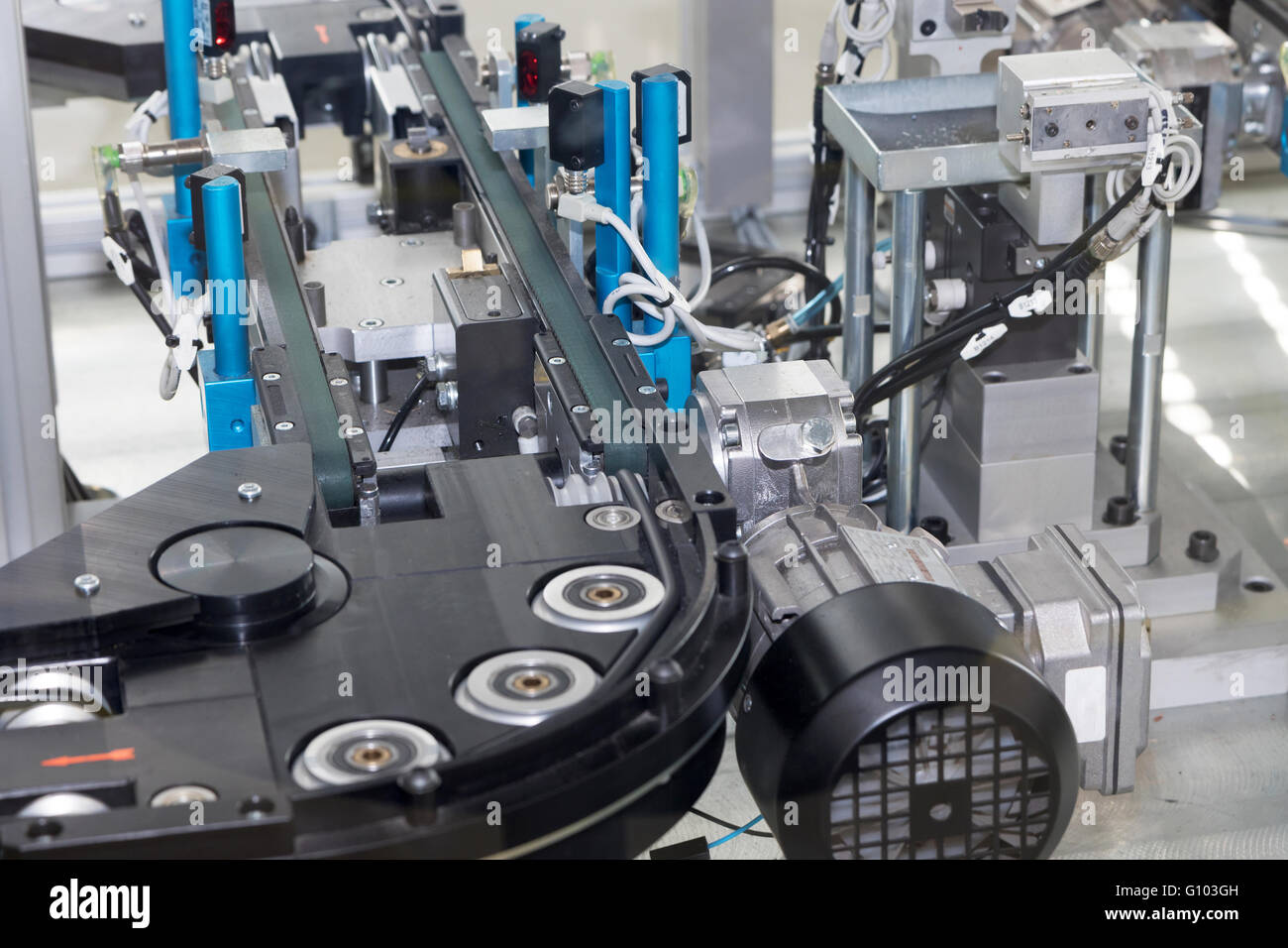 Detailed view of an empty assembly line for the production of plastic ...