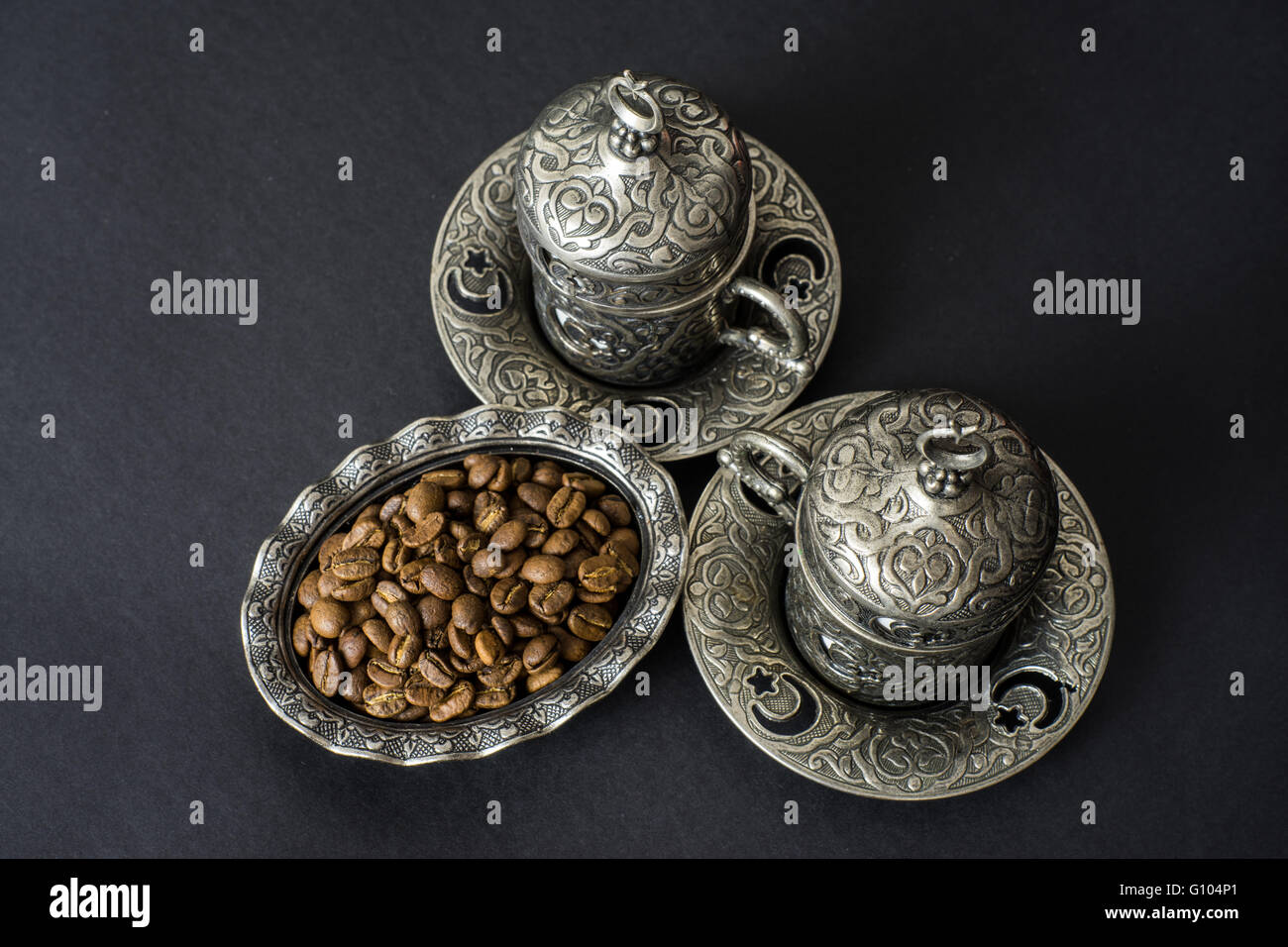 Traditional Turkish coffee cups with coffee beans Stock Photo - Alamy