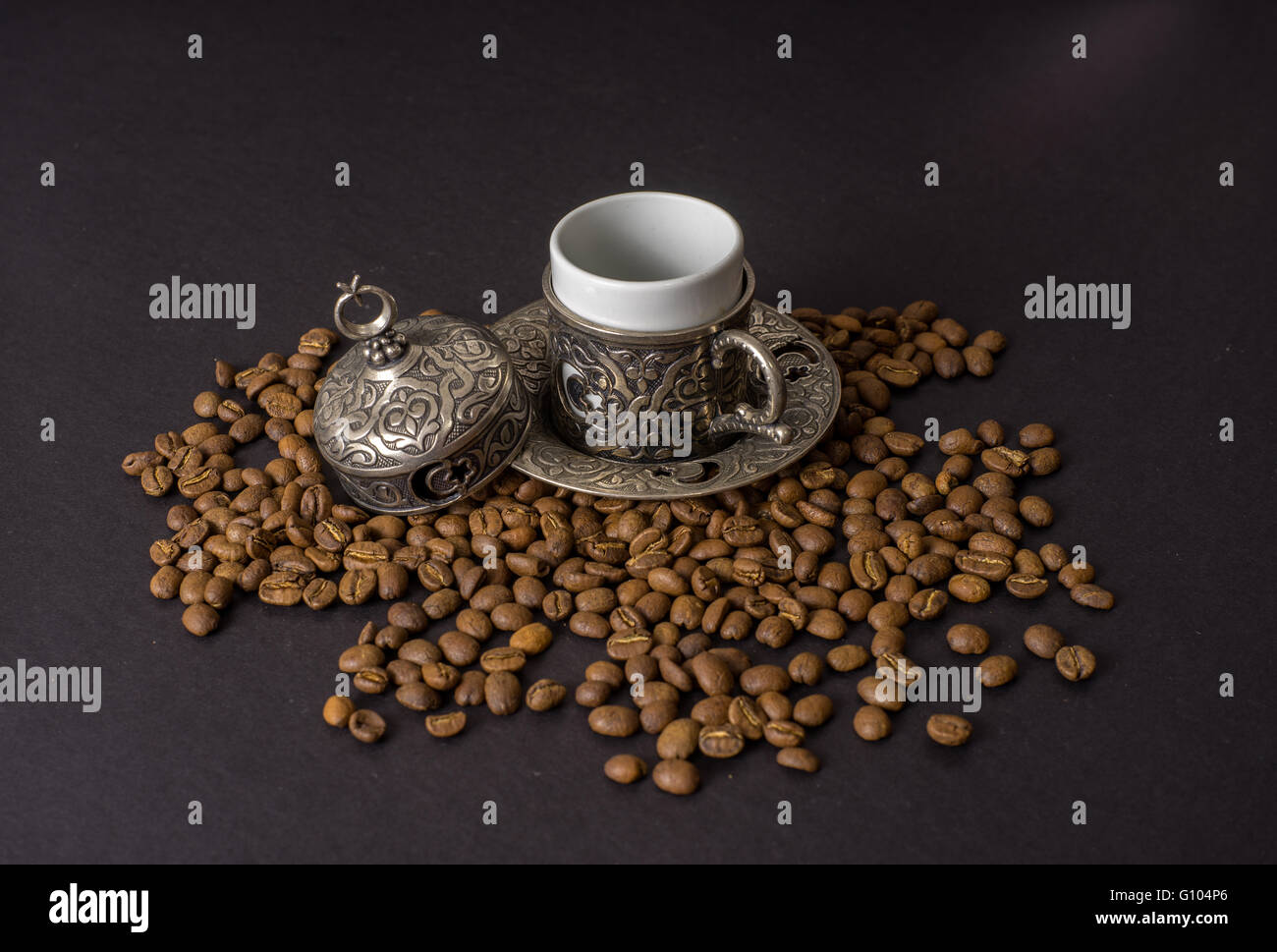 Traditional Turkish coffee cups with coffee beans Stock Photo - Alamy