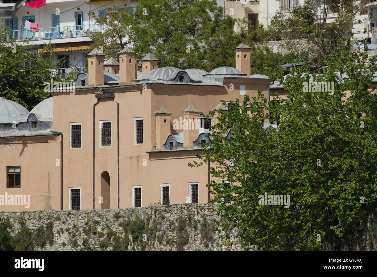 Chimneys and lead domes part of the building facade. IMARET or Kulliye ...