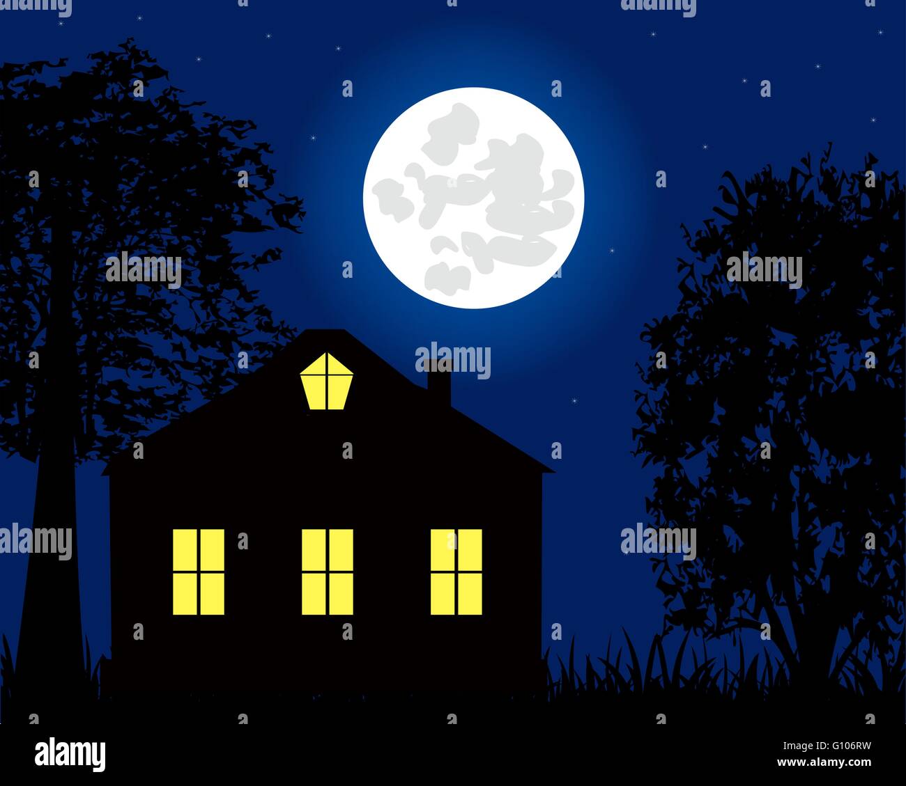 The Moon night and house with window on nature.Vector illustration ...