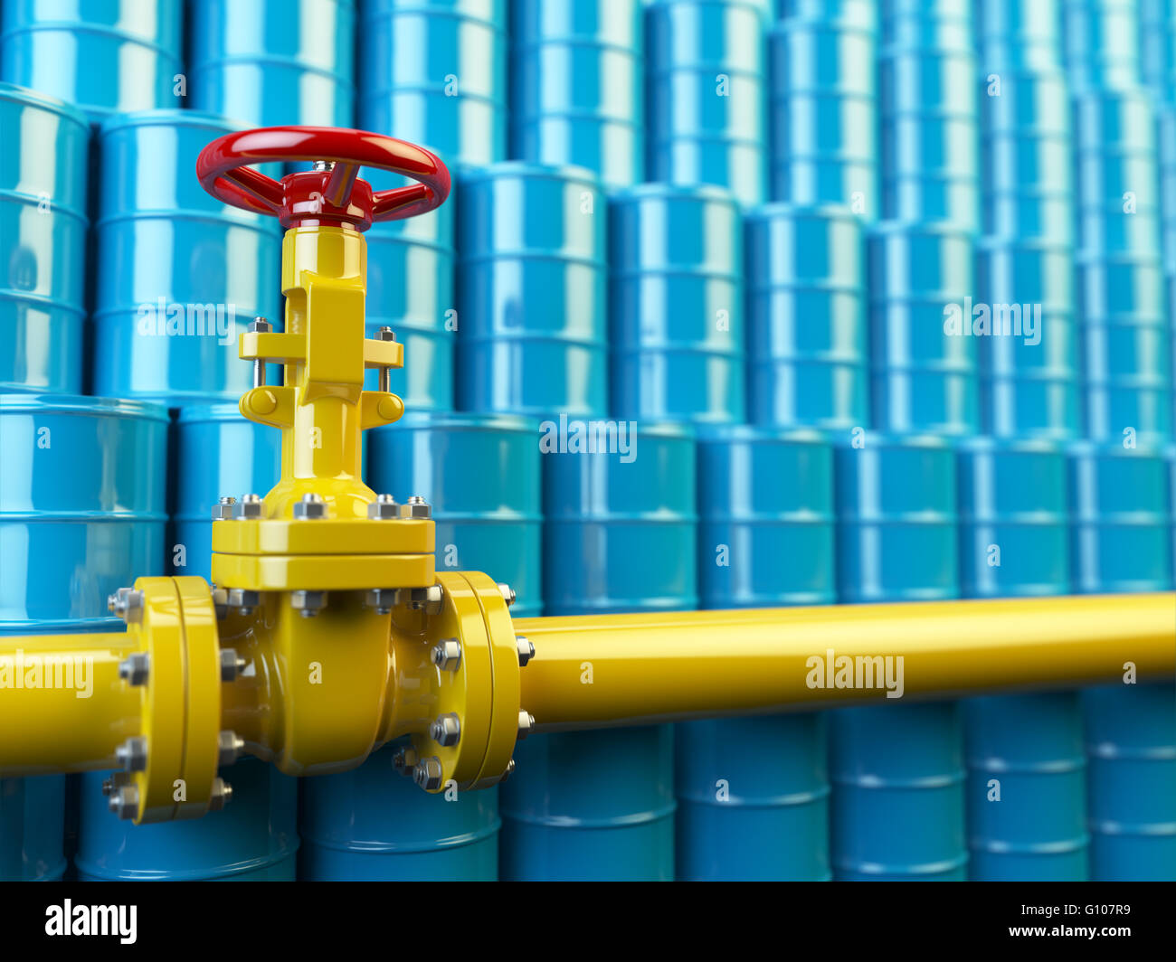 Yellow gas pipe line valves and blue oil barrels. Fuel and energy ...