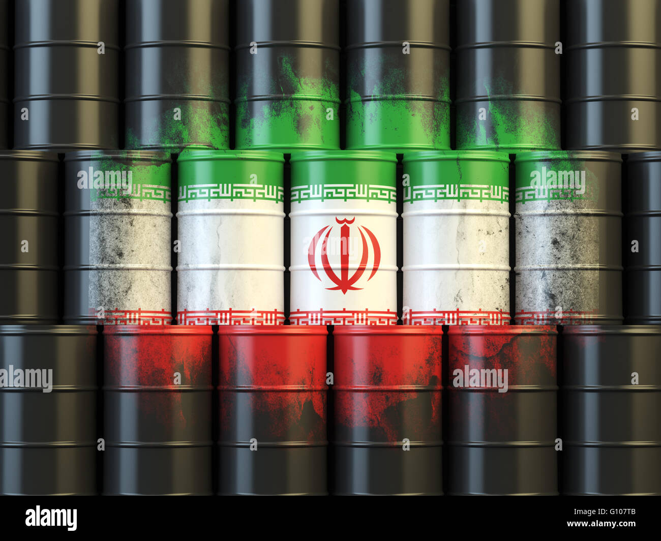 Iranian oil fuel energy concept. Iranian flag painted on oil barrels ...