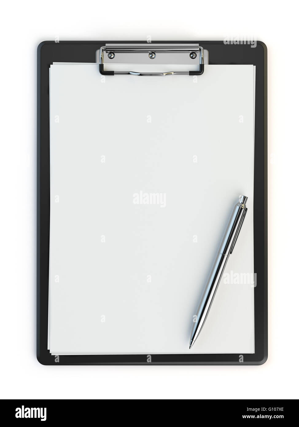 Clipboard and pen isolated on white with copy space. 3d illustration ...