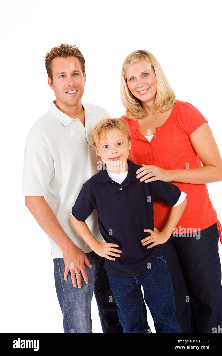 Caucasian family, isolated on white, with various props Stock Photo - Alamy