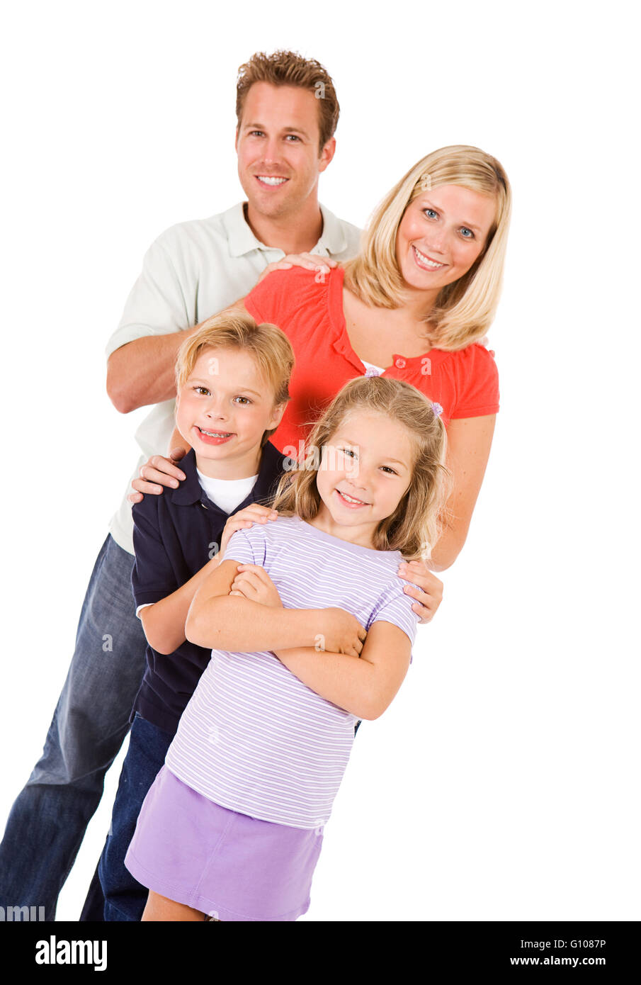 Caucasian family, isolated on white, with various props Stock Photo - Alamy
