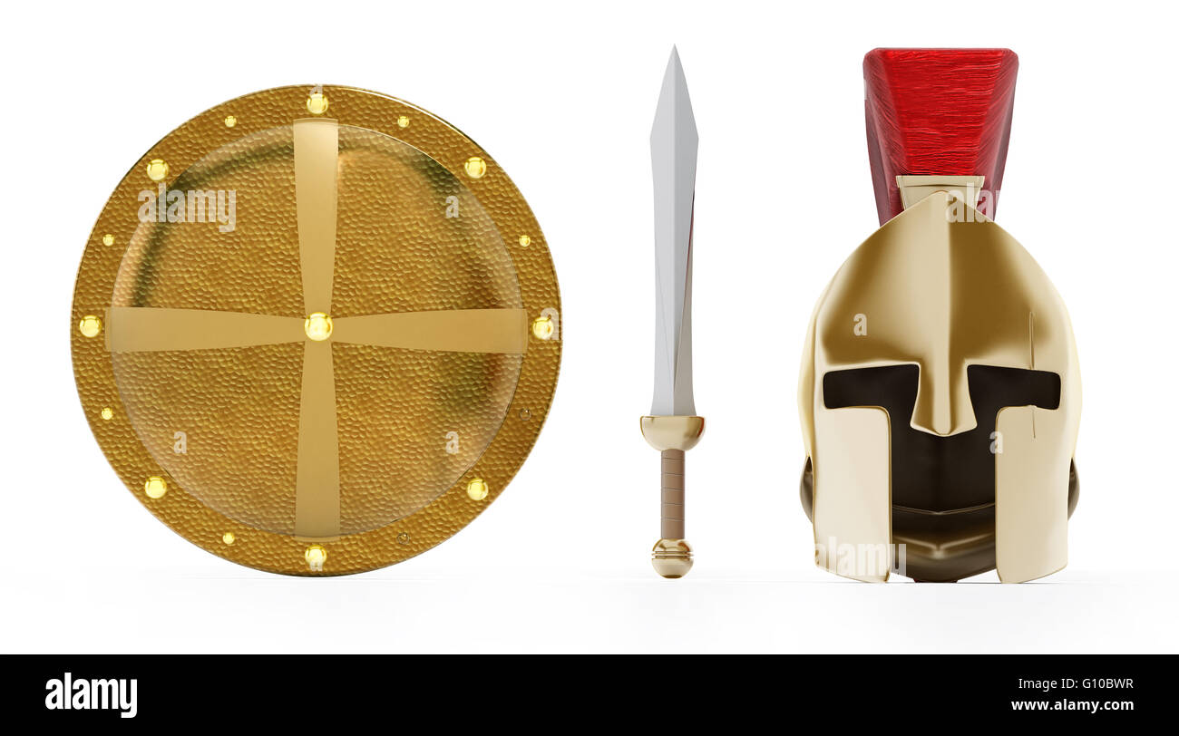 Ancient Greek helmet, shield and sword isolated on white background ...