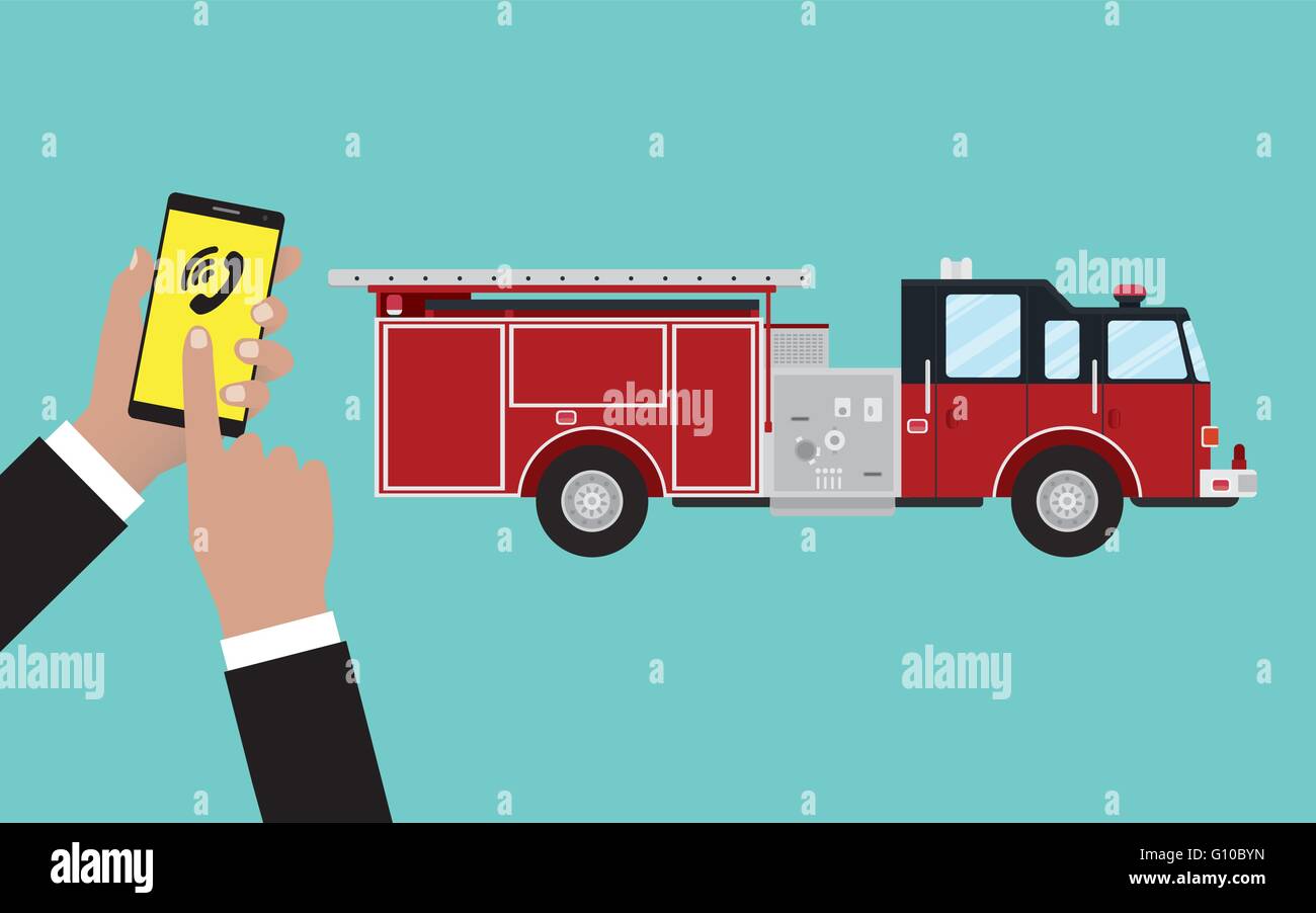 call calling firefighters someone hold phone and firefighter truck ...
