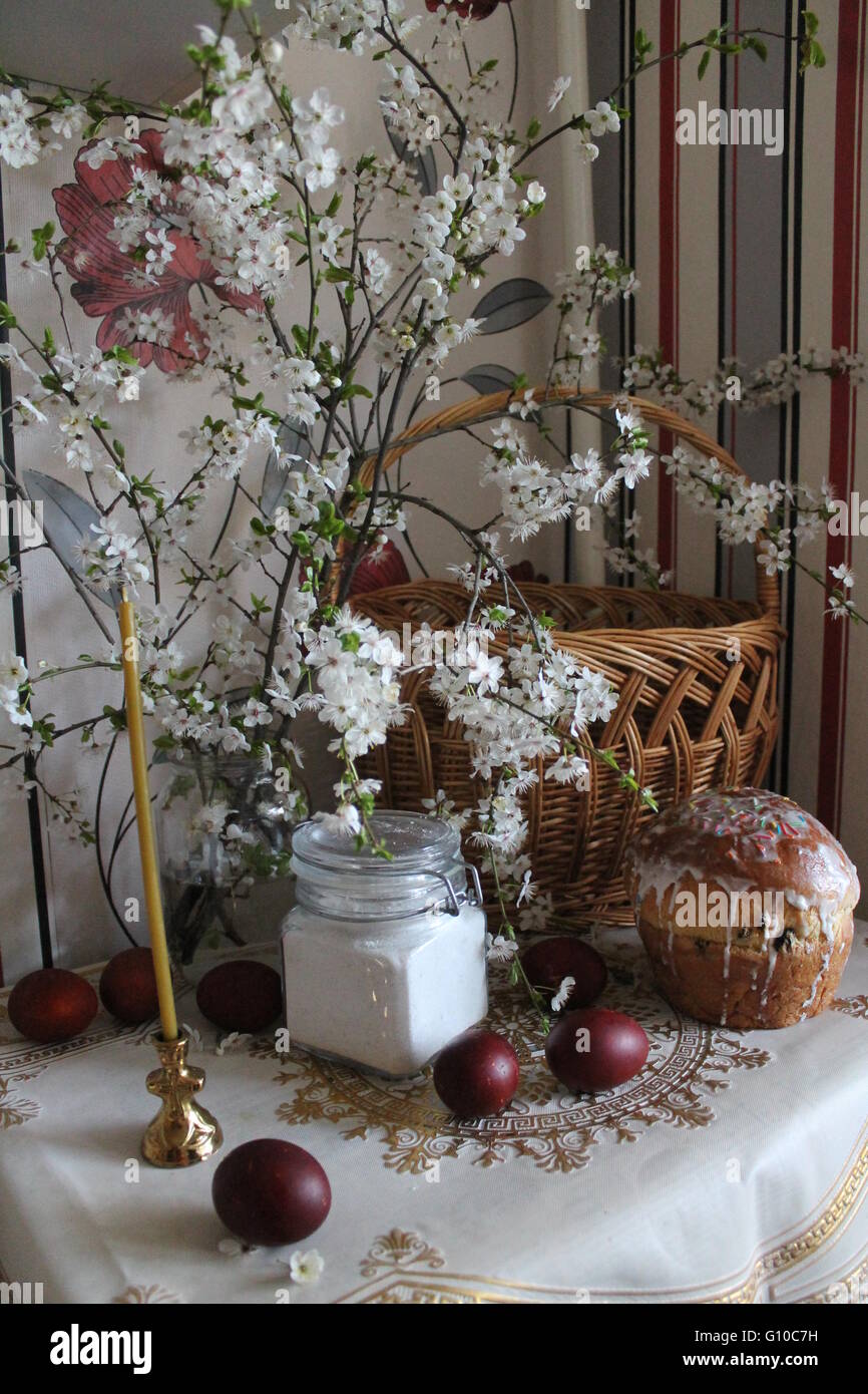 prepare celebration traditional Christian Easter cake, salt, painted ...