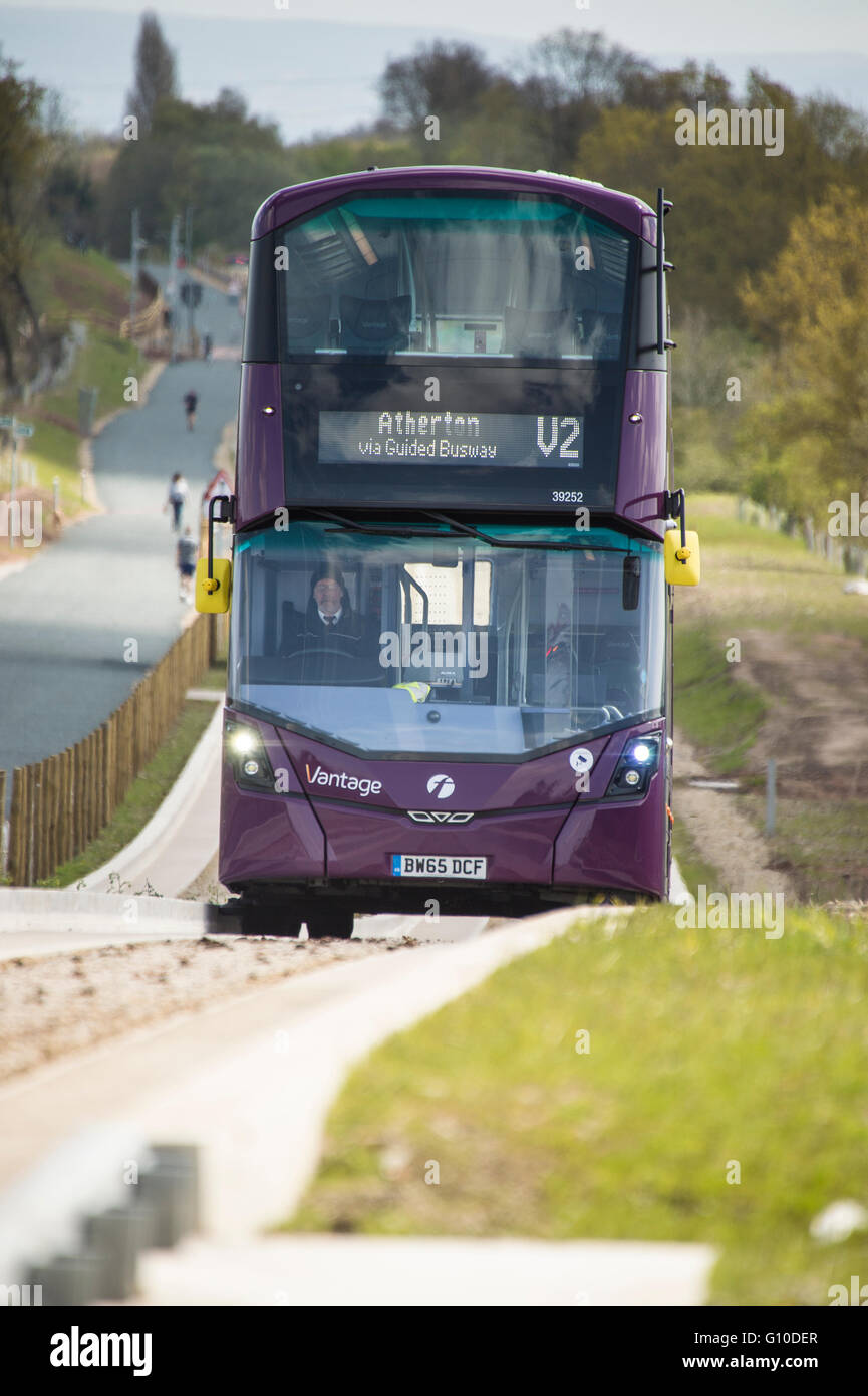 Purple bus on new guided busway driver and passengers visible Stock ...
