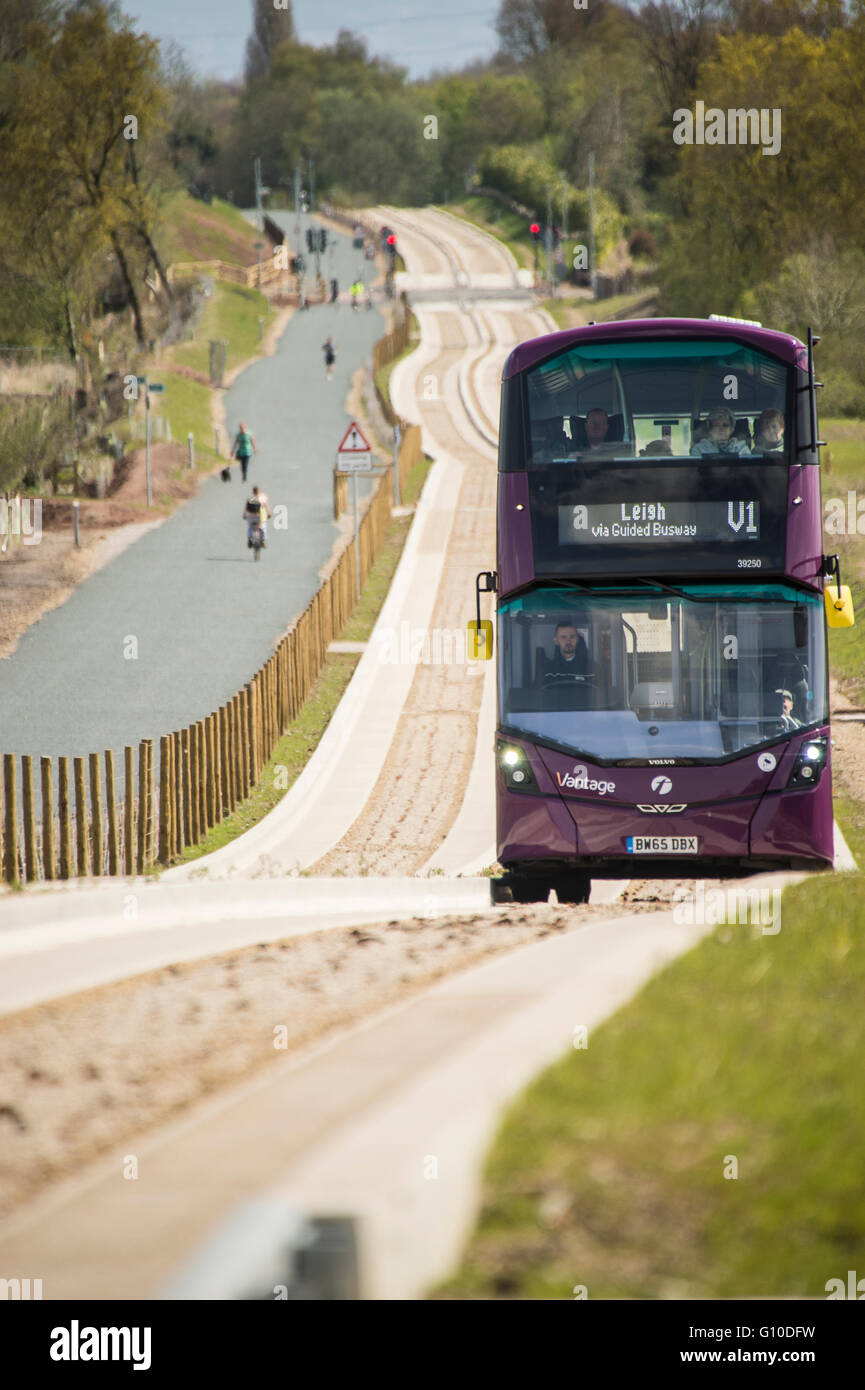 Purple bus on new guided busway driver and passengers visible Stock ...