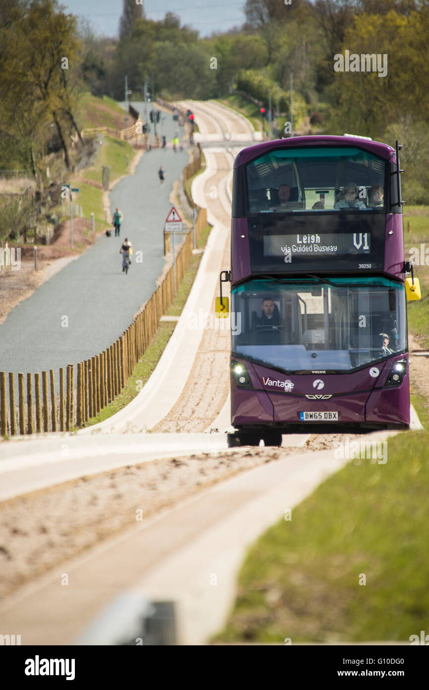 Purple bus on new guided busway driver and passengers visible Stock ...