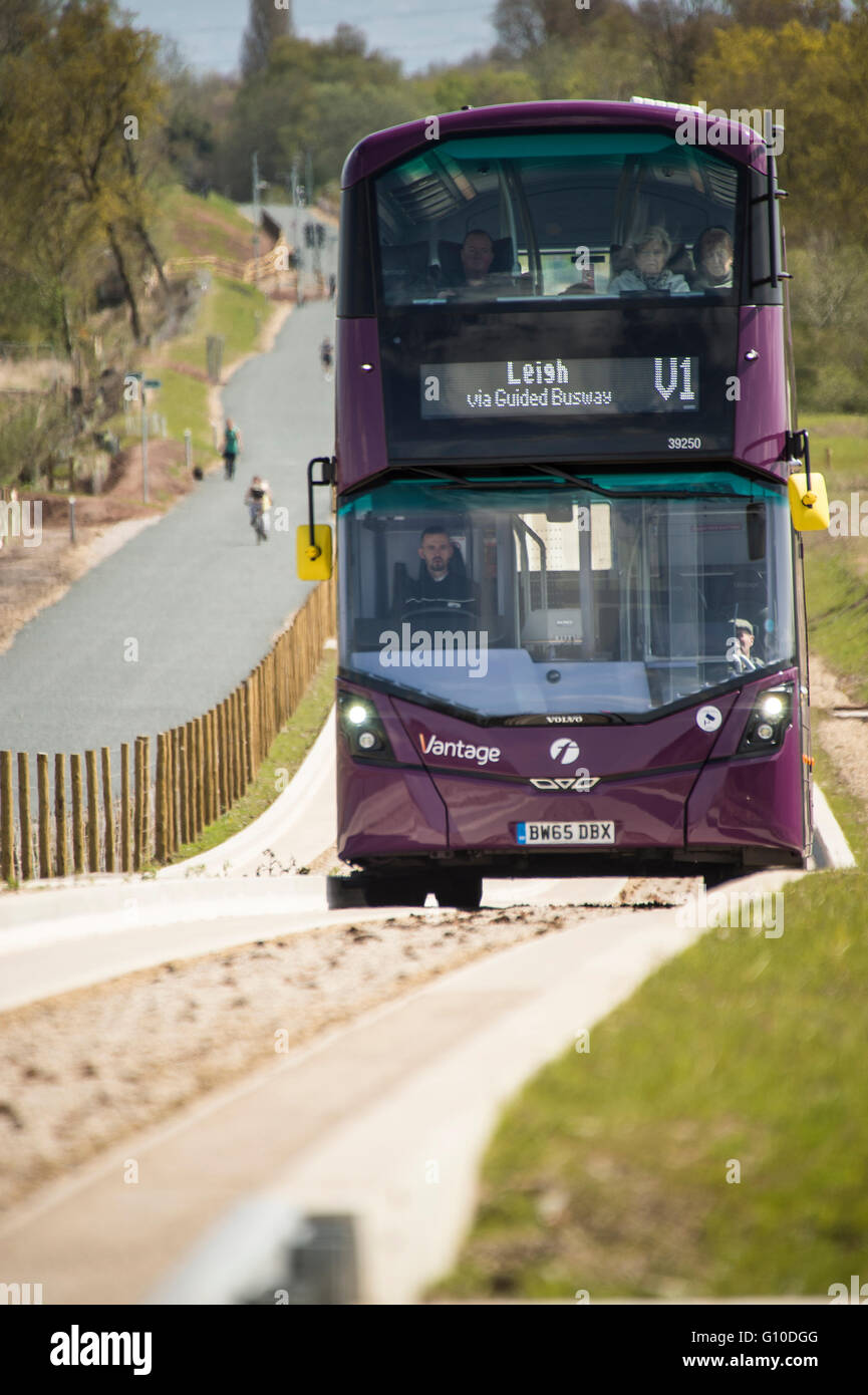 Purple bus on new guided busway driver and passengers visible Stock ...