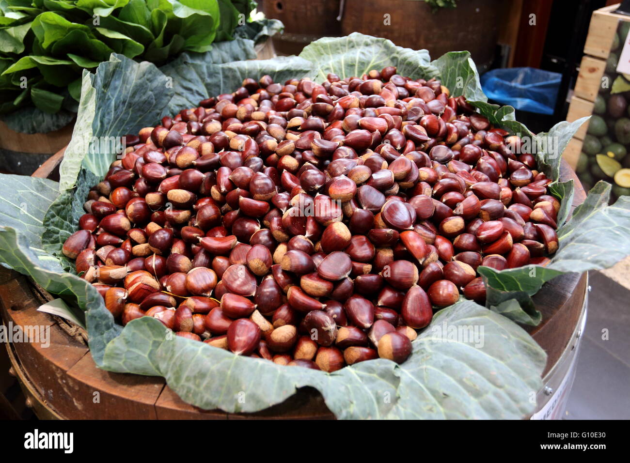 Raw chestnut for sale at local green grocer - Castanea crenata Stock ...