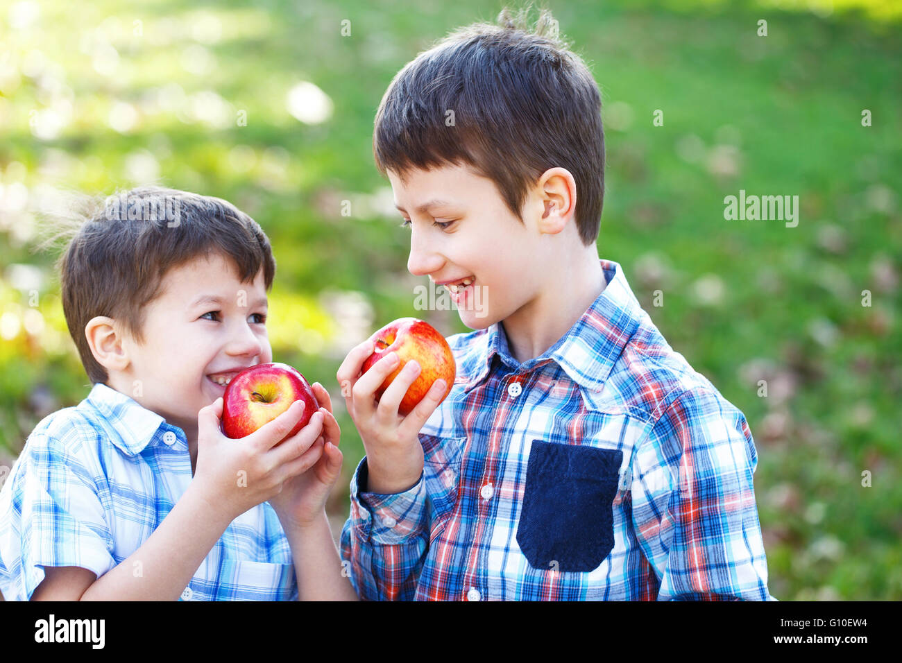 Happy little caucasian brothers eating apple outdoor Stock Photo - Alamy