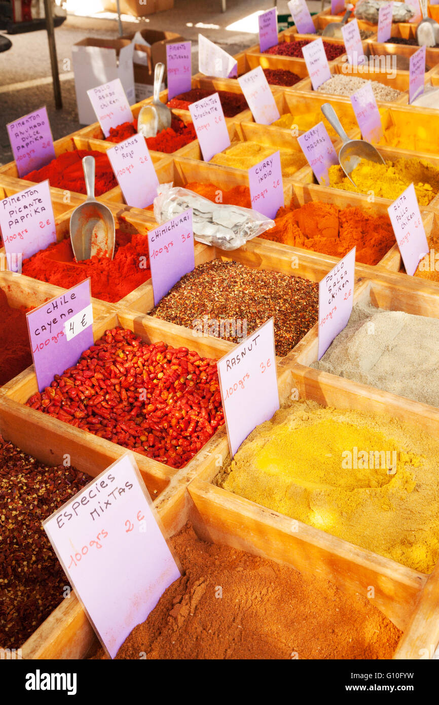 Spices for sale in the spice market, Marbella, Andalusia, Spain Europe ...