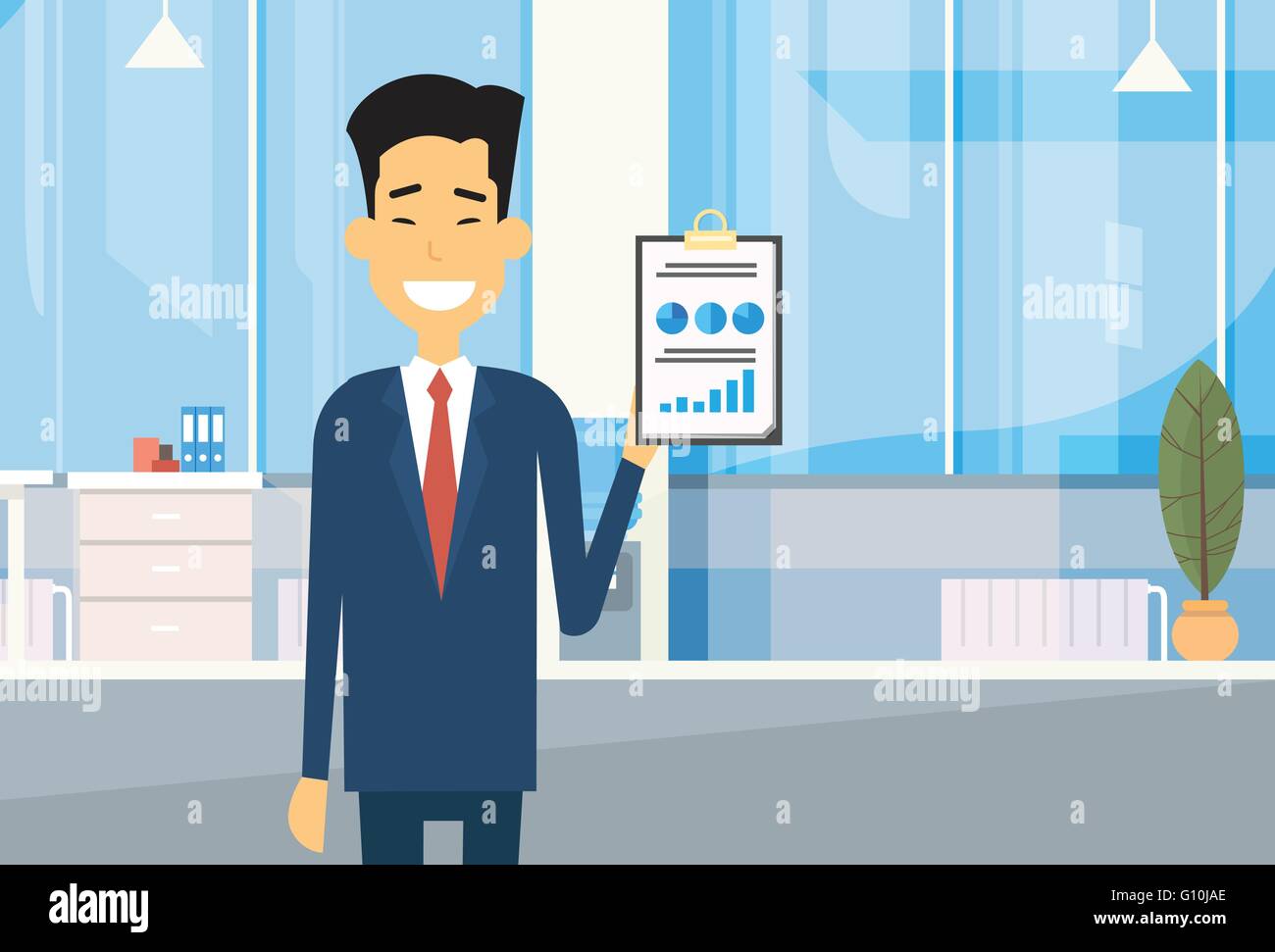 Asian Business Man Hold Paper Document With Financial Graph Diagram In ...