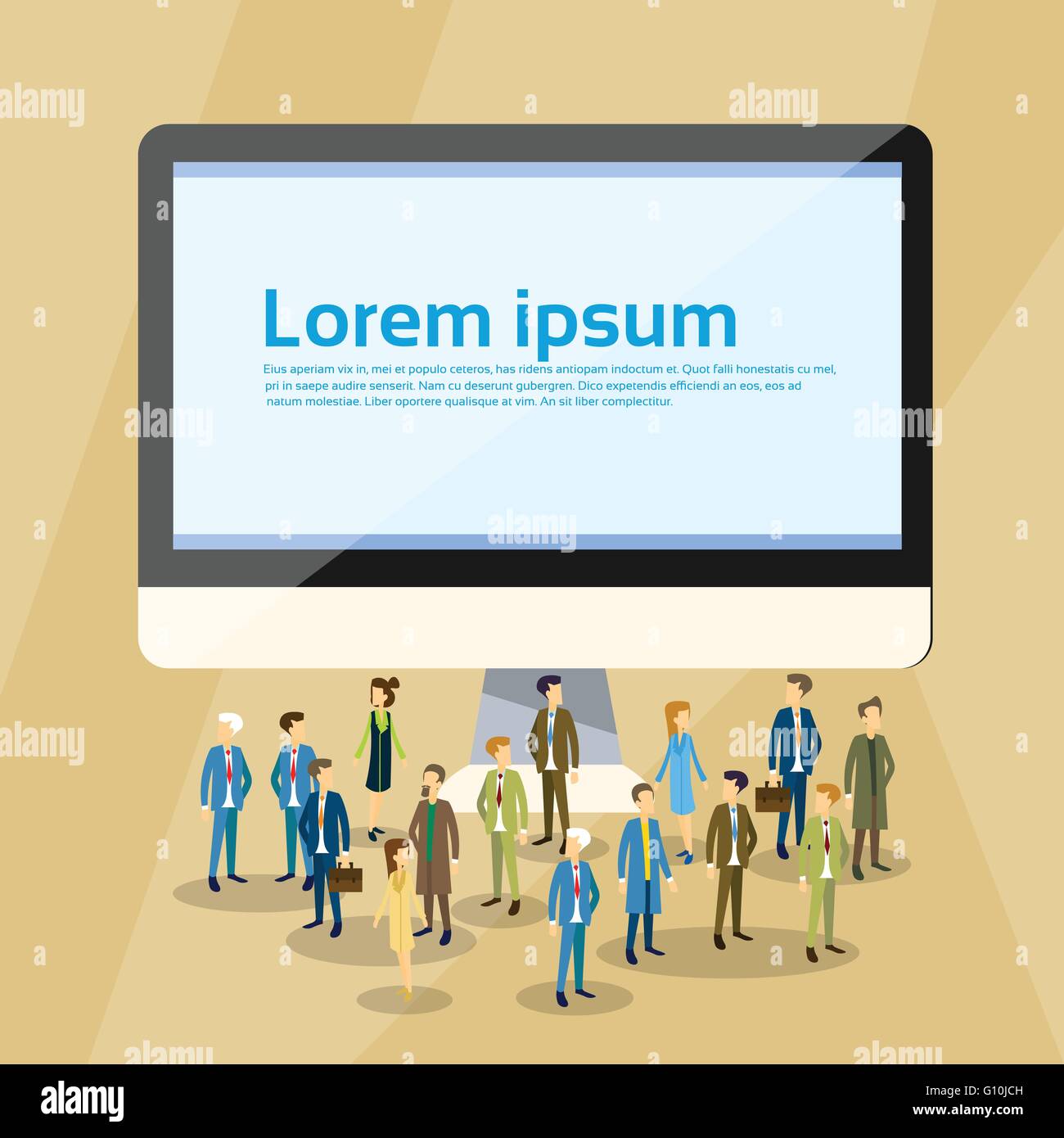 Business People Crowd Over Desktop Computer Monitor Empty With Copy ...