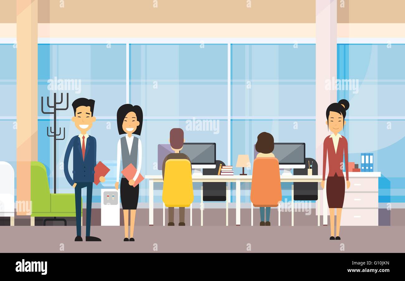 Asian Business People In Modern Office Work On Computer Stock Vector ...