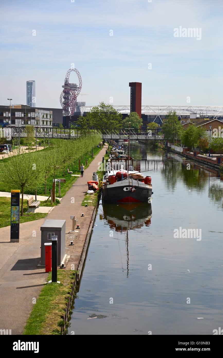 Canal Boat on the River Lea, Hackney Wick, with the Queen Elizabeth ...
