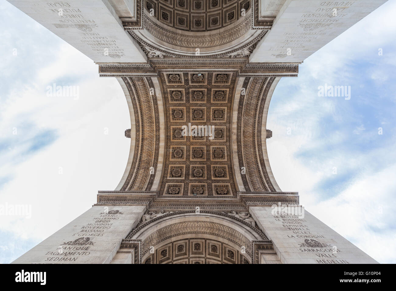 Detail view of the Arc de Triomphe (Arch of Triumph), upward view when ...