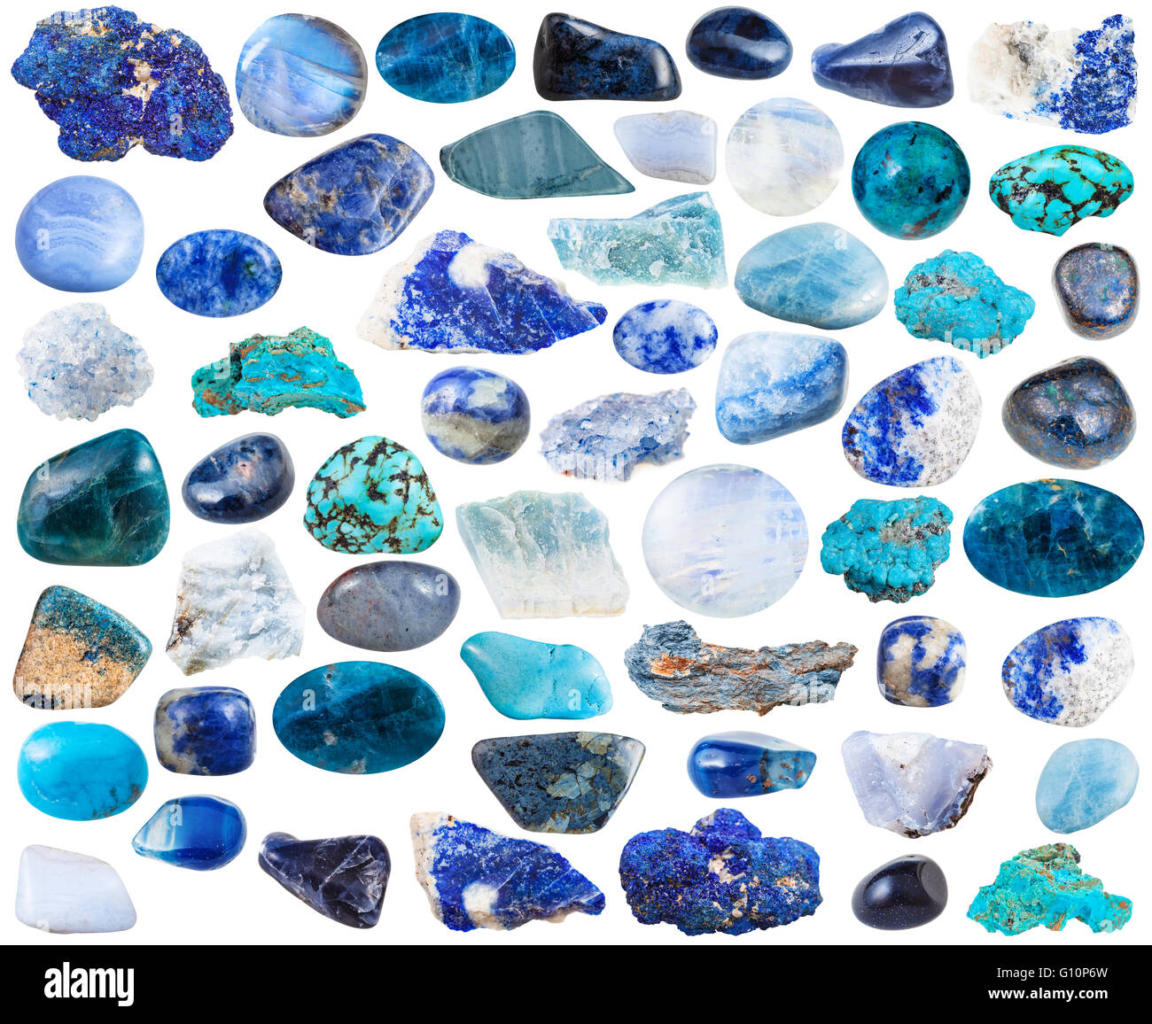 set of blue natural mineral stones and gemstones isolated on white ...