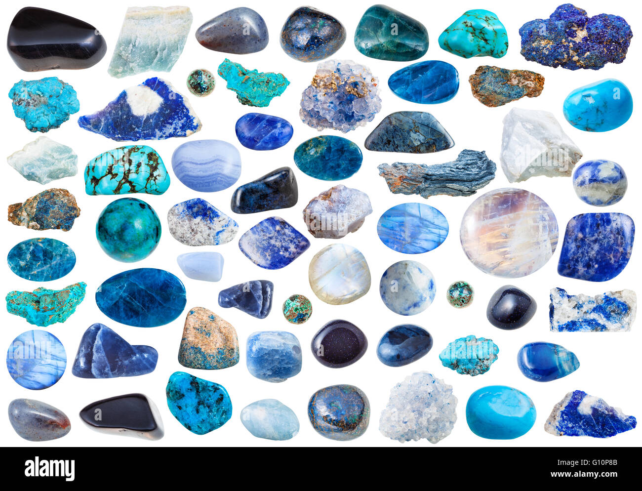 set of blue natural mineral stones and gems isolated on white ...
