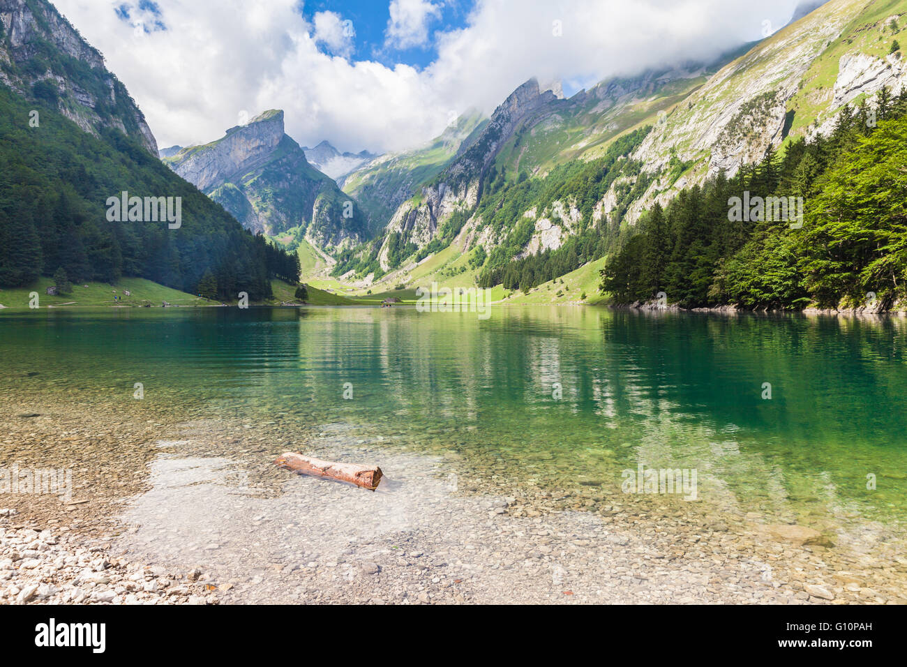 View of Seealpsee (lake) and the Alpstein massif, Switzerland Stock ...