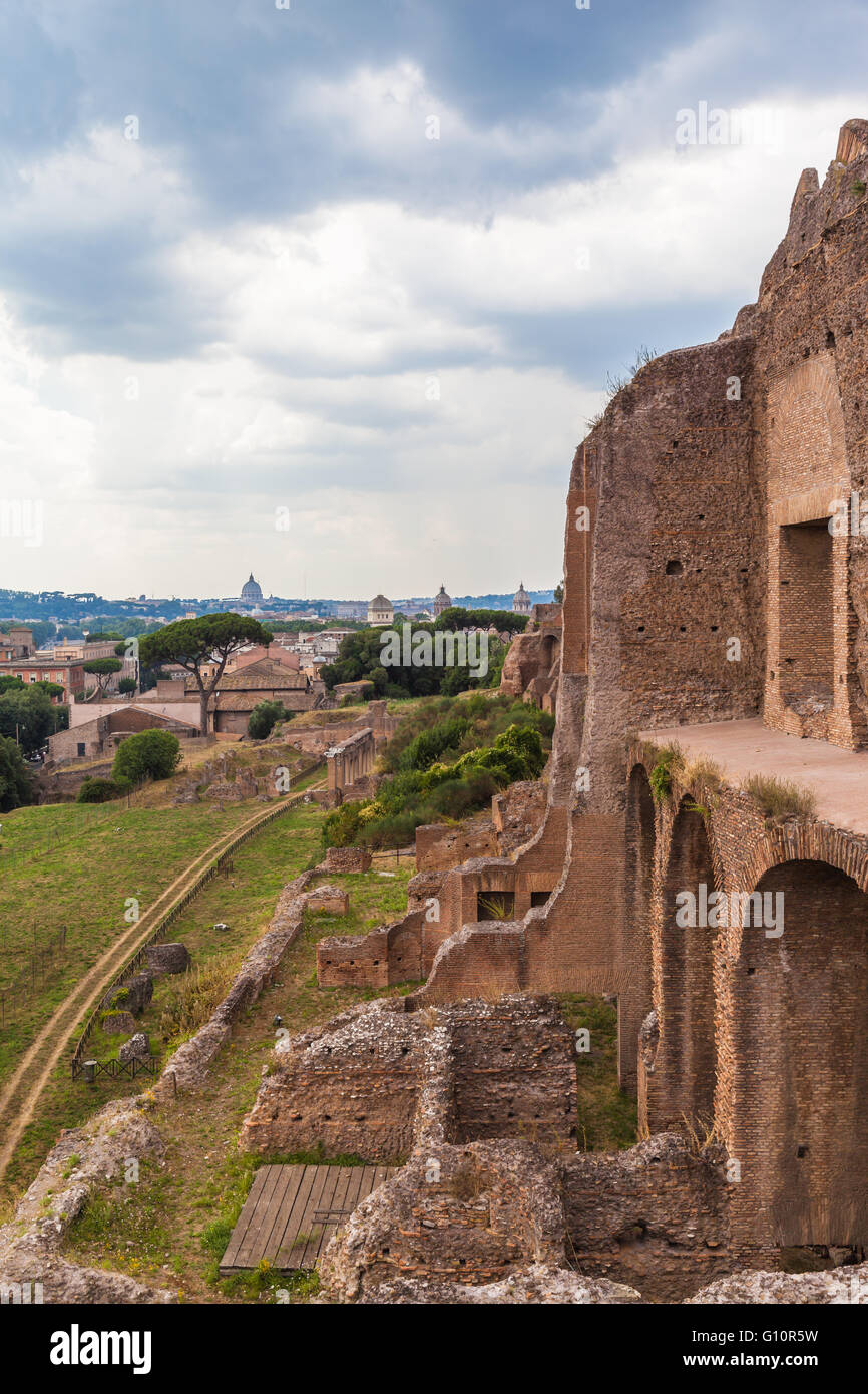 Vertical view of corner of the ancient ruins and Rome cityscape, Italy ...