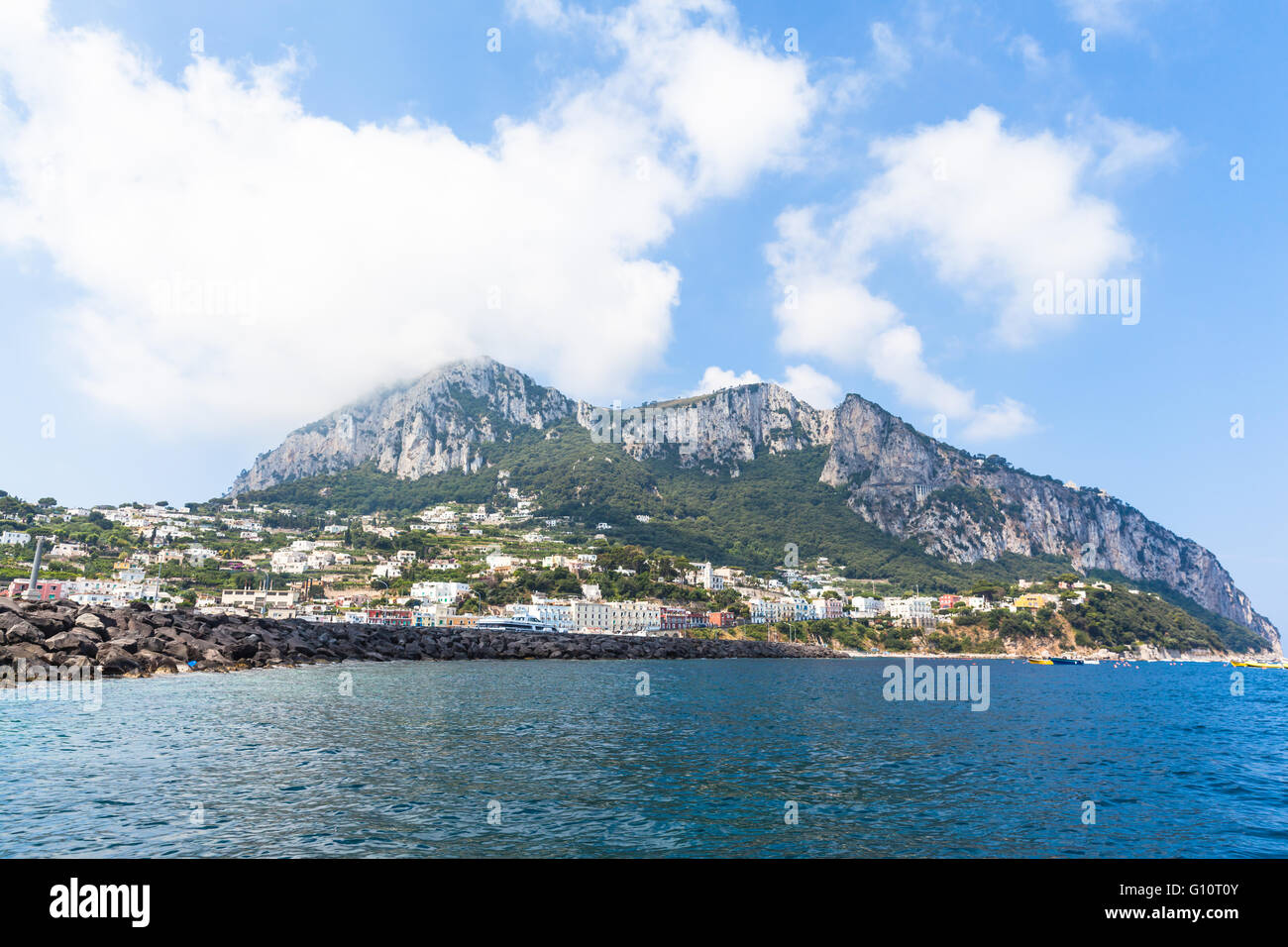 Panorama view of Capri Island on the boat from the Mediterranean Sea ...