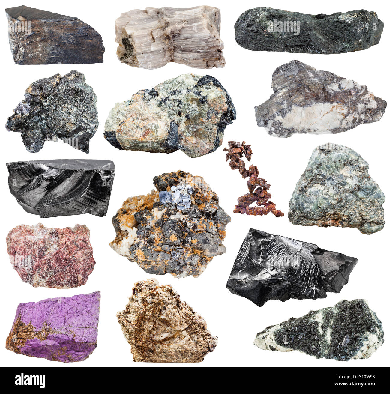 set of various natural mineral stones and rocks: purpurite, molybdenite ...