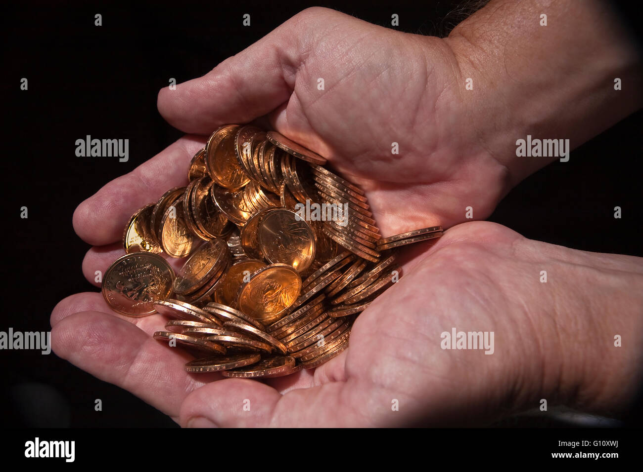 Older man's hands holding dollar gold coins with native american ...