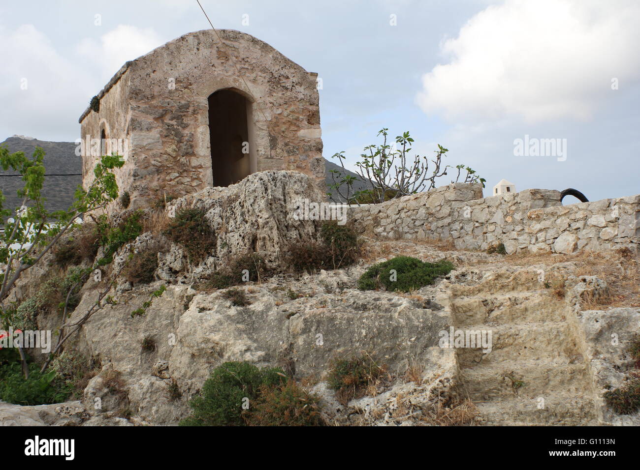 An old stone building in the countryside with stone stairs in Kythira ...