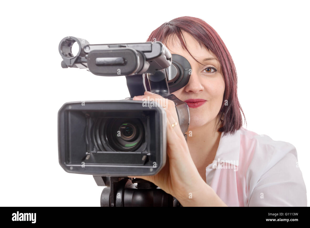 a pretty camerawoman with a professional camera, on white Stock Photo ...
