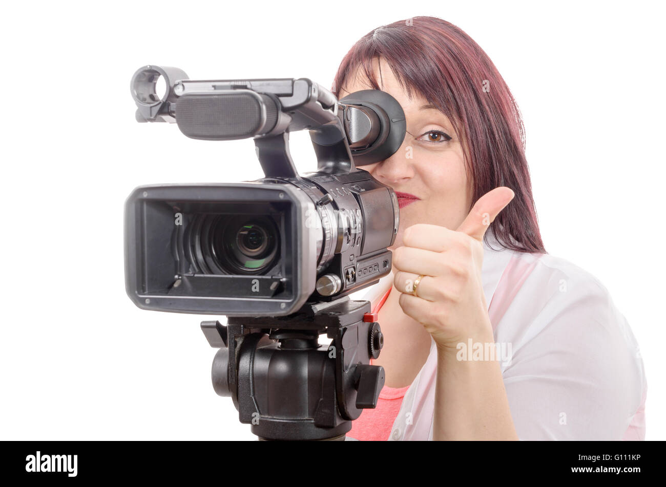 a pretty young camerawoman with a professional camera, on white Stock ...