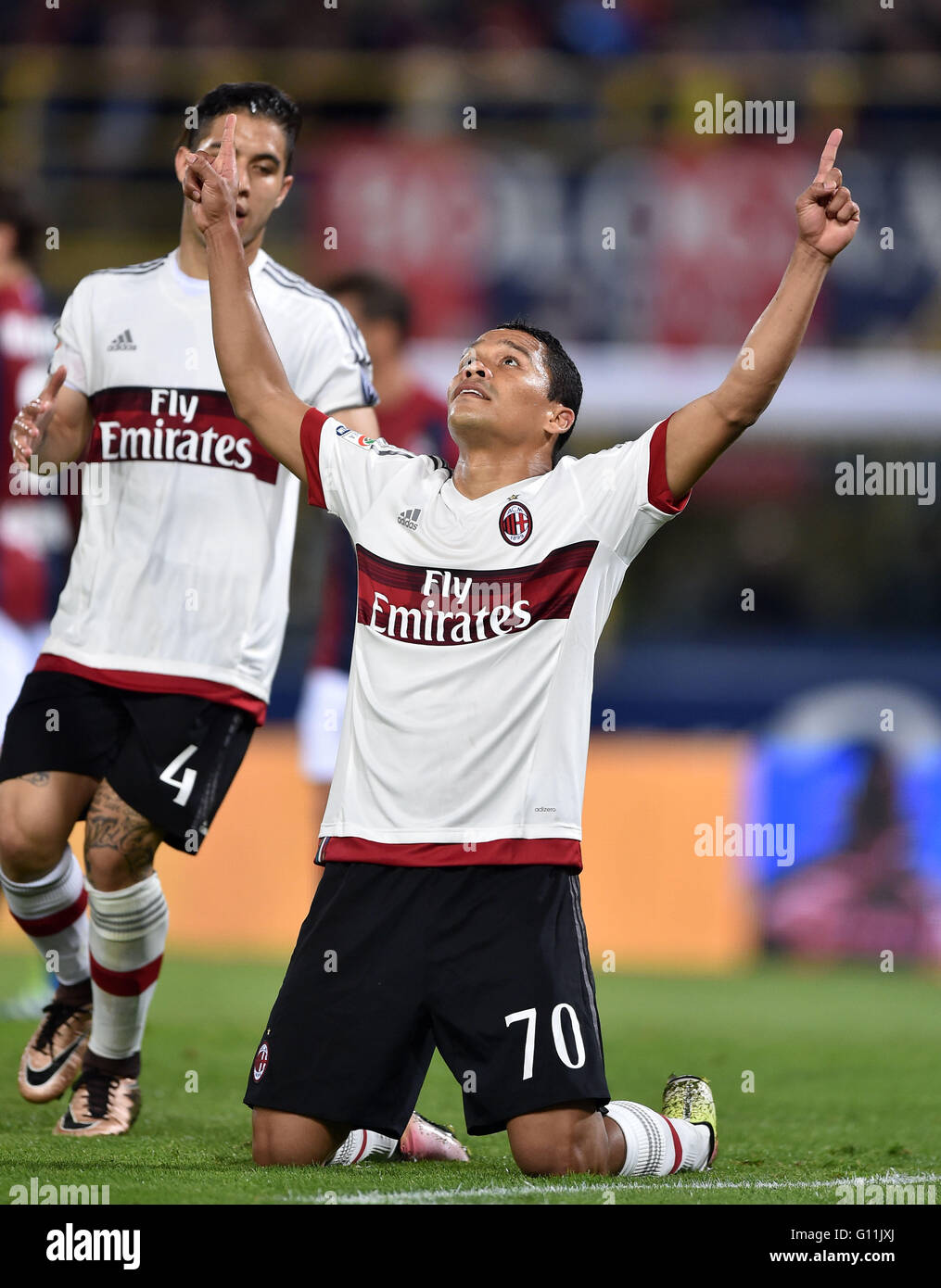 Bologna, Italy. 8th May, 2016. Carlos Bacca (C)of AC Milan celebrates ...