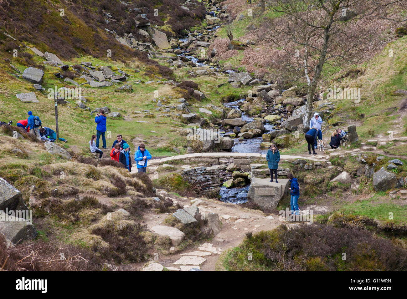 Tourists and Walkers at Bronte Bridge on The Bronte way outside Haworth ...