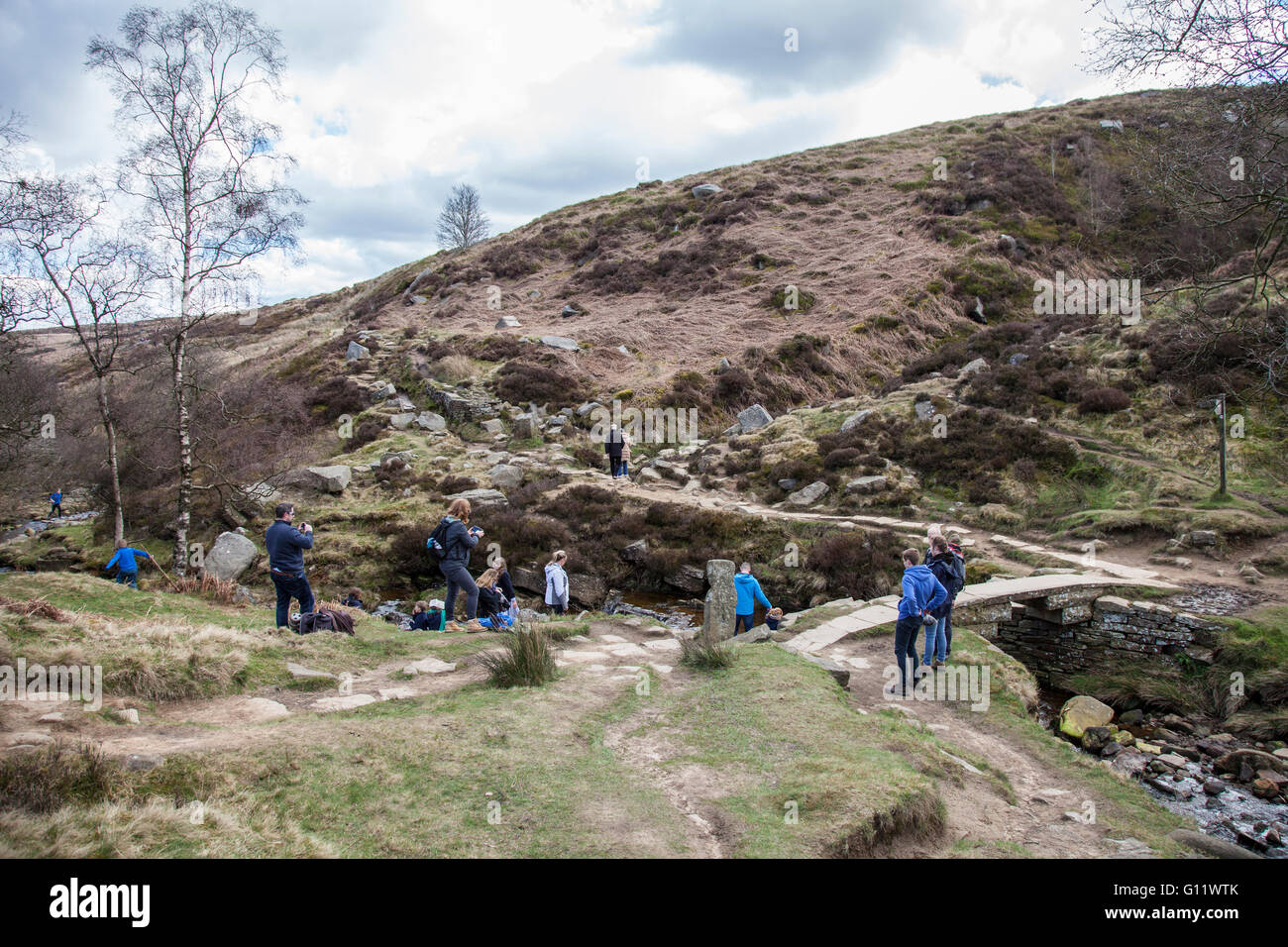 Tourists and Walkers at Bronte Bridge on The Bronte way outside Haworth ...