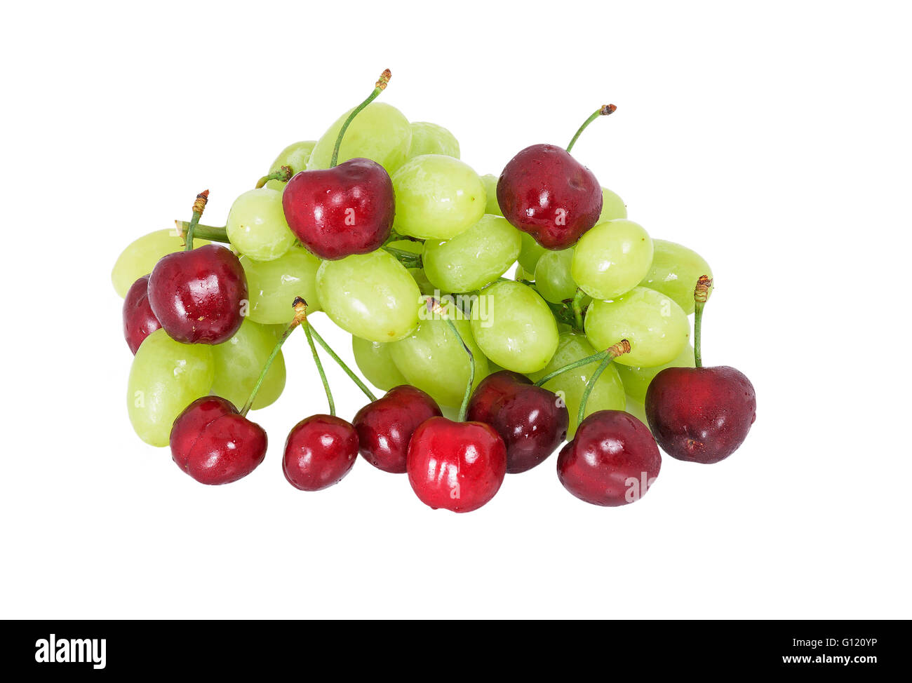 sweet cherry and green grapes on a white background Stock Photo - Alamy