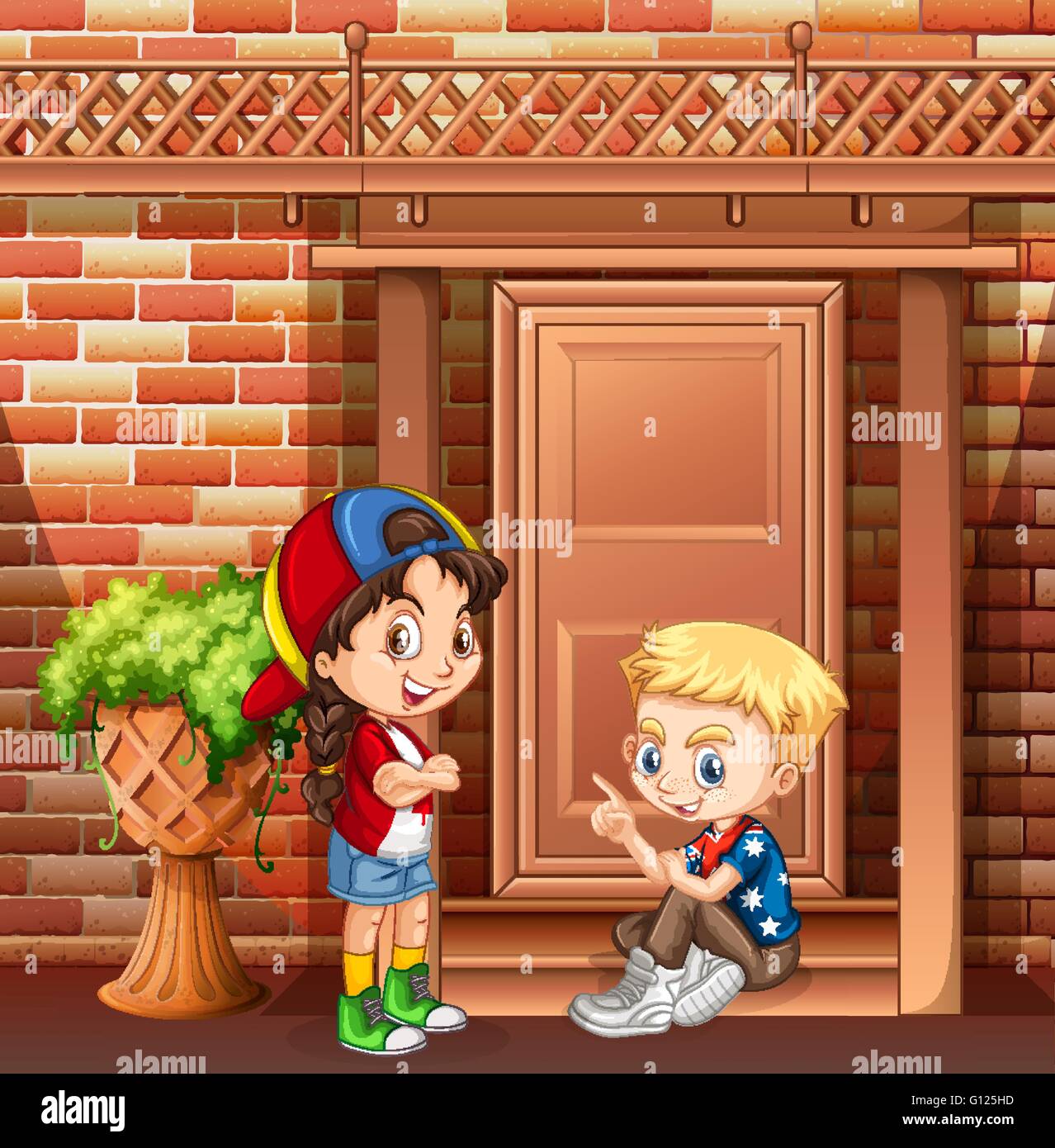 Boy and girl hanging out in front of the house illustration Stock ...